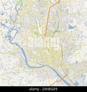 Map of Dhaka in Bangladesh in blue. Contains layered vector with roads ...