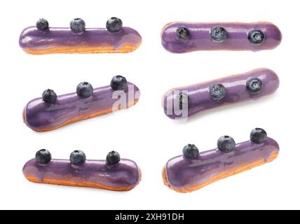 Tasty eclair with purple frosting isolated on white, collage Stock ...