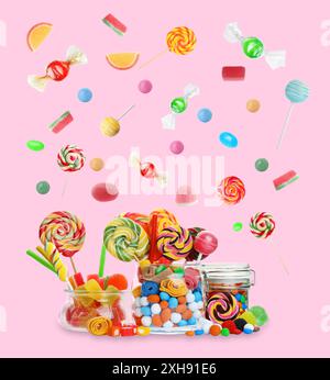 Different jelly beans on pink background Stock Photo - Alamy