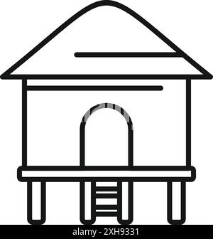 Simple icon of a bungalow with a thatched roof standing on wooden stilts, in a flat design style ...