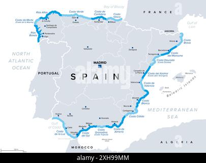 Spain, beaches and coastlines of the Spanish Riviera, political map ...