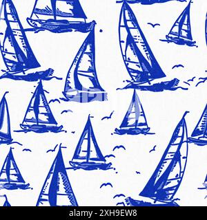 Coastal sail boat in azure ocean blue seamless border background ...