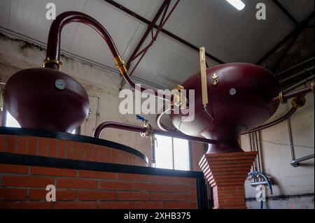 Double distillation process of cognac spirits in Charentias copper ...