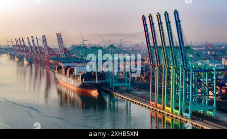 Aerial photo shows the container terminal of Nanjing Port at night in ...