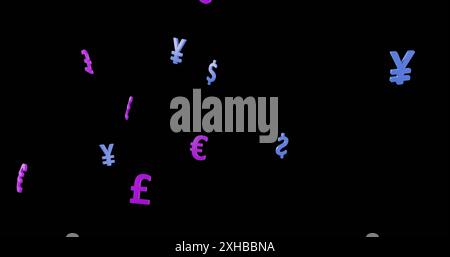 Floating currency symbols including yen, dollar, and euro on black ...