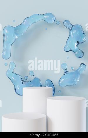White podium with water splash on blue background. Mock up for product ...