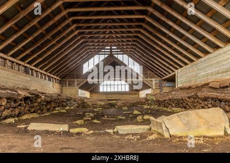 Stong, inside view of the viking-era farmstead longhouse in Iceland in ...