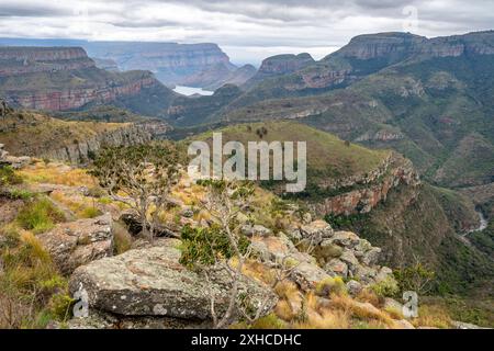 View of the Blyde River gorge, Lowveld Viewpoint, in the evening light ...
