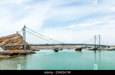 Traditional omani wooden dhow boats under Al Ayjah bridge, Sur ...