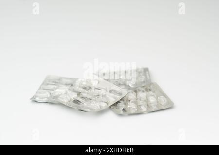 empty pill blister packs isolated on white grey background copy space ...