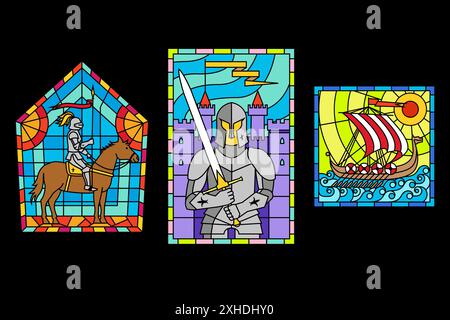 Viking ship colorful stained glass window. Colored gothic mosaic ...