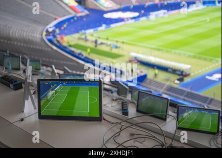 Commentary stations with monitors in the football stadium Stock Photo ...