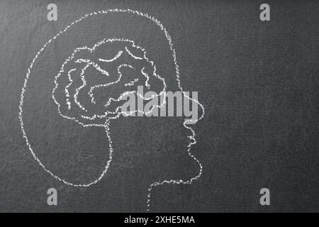 Amnesia problem. Drawing of head, brain and question marks on black ...