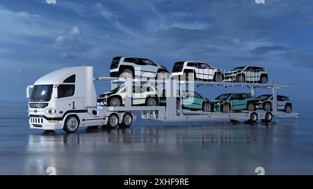 A car transporter loaded with seven small electric cars under a dynamic ...
