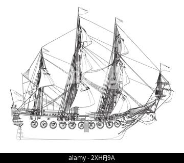 Outline of an ancient sailing frigate made of black lines isolated on a ...