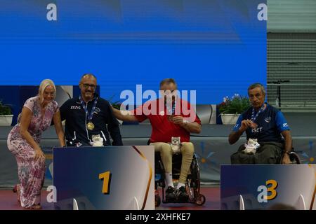 The podium of the paralimpic player at the award ceremony of the ITTF ...