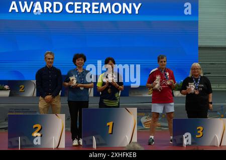 The podium of the paralimpic player at the award ceremony of the ITTF ...