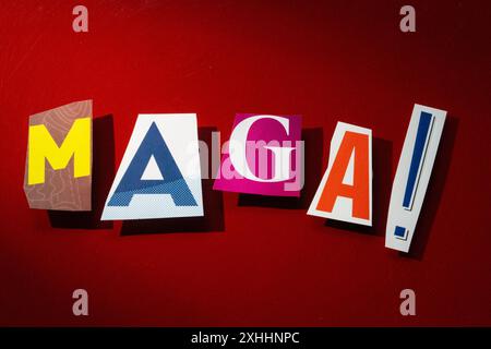 The Slogan "MAGA" using cut-out paper letters in the ransom note effect ...