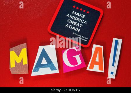 The Slogan "MAGA" using cut-out paper letters in the ransom note effect ...