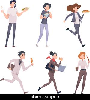 Snacks people. Eating at work exact vector quick snacks characters ...