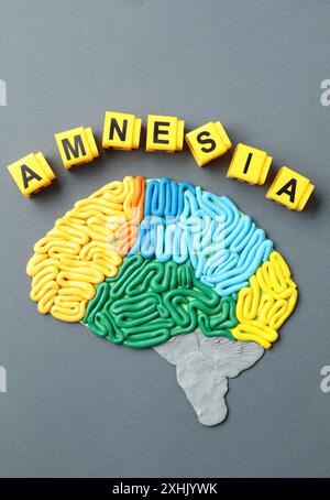 Word Amnesia, brain with sections made of plasticine and mannequin hand ...