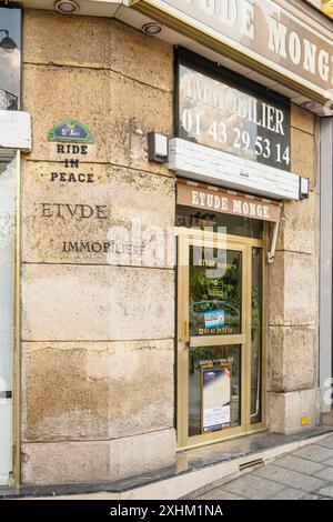 France, Paris, Monge street and Des Ecoles street, enclosure wall of ...