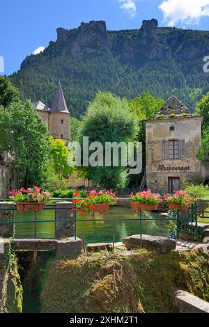 France, Lozere, Florac, Source du Pêcher and cliffs of Rochefort Stock ...