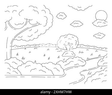 Wonderful natural landscape. Coloring book page for kids. Cartoon style ...