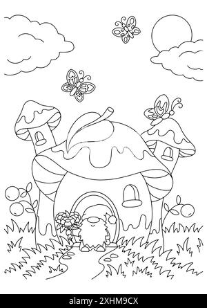 Mushroom house and garden gnome. Coloring book page for kids. Cartoon ...