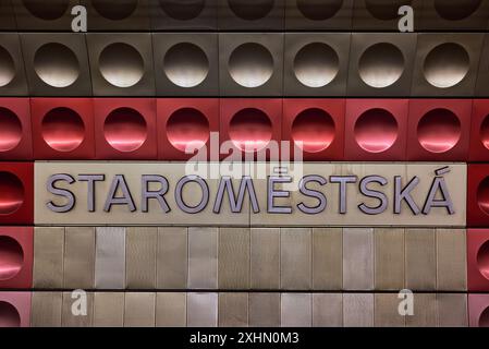 Staromestska metro station, decorated with modern coloured aluminium ...
