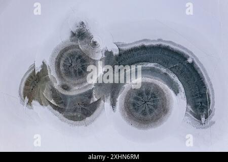 Aerial view of ice formations, structures, frozen lake, Lake Riegsee ...