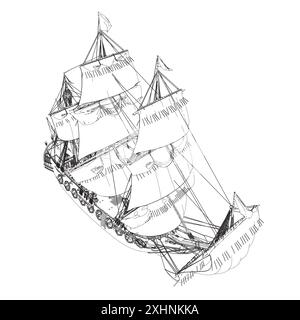 Outline of an ancient sailing frigate made of black lines isolated on a ...
