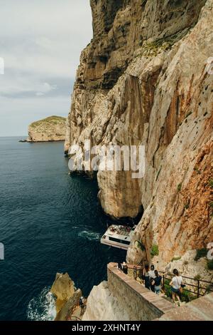 Stairs towards the cave of Grotta di Nettuno, Sardinia, Italy. High ...