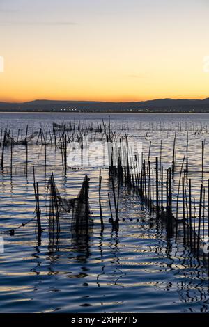 Sunset on the calm waters of Albufera lagoon, Valencia, Spain Stock ...