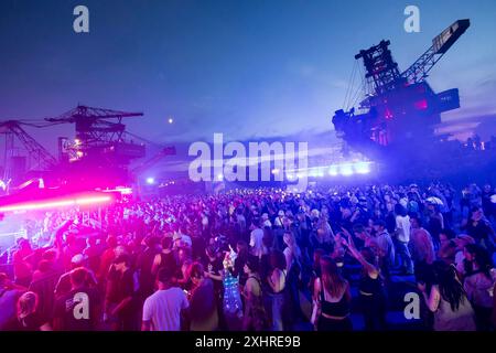 Festival visitors celebrate between excavators at the Melt Festival in ...