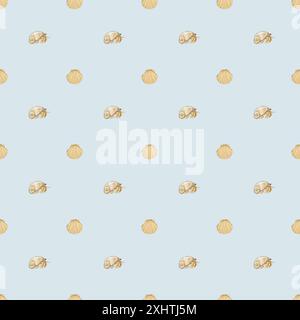 Watercolor crab and seashell seamless pattern on deep blue textured ...