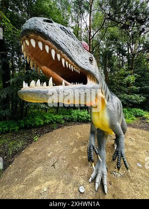 Realistic figure of an Allosaurus dinosaur inforest park in Kazimierz Sosnowiec. Prehistoric ...