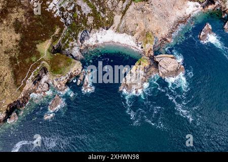 Aerial View of the rocky coastline at Muckros Head beach in Donegal ...