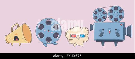 Groovy retro cartoon movie camera funky character with happy face ...
