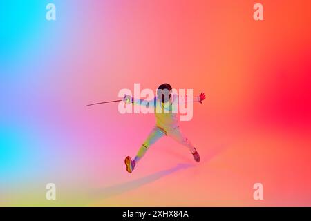 Fencer in full white attire, including mask, depicted mid-lunge with ...