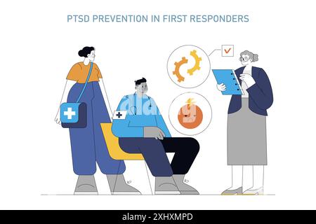 PTSD prevention concept. Illustration of first responders focused on ...