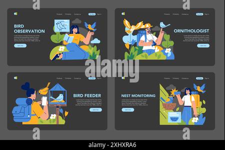 Birdwatching set. Enthusiasts engage in ornithology, bird mapping, and ...