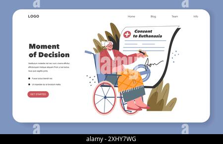 Euthanasia consent concept. Elderly person in a wheelchair signs a life ...