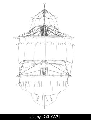Outline of an ancient sailing frigate made of black lines isolated on a ...