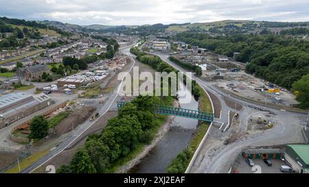 Aerial view of the Hawick flood protection scheme and new footbridge ...