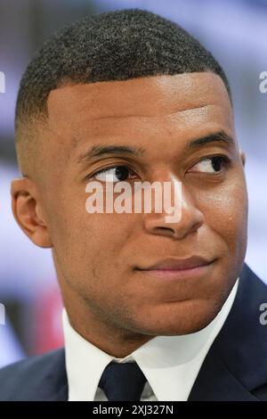 Kylian Mbappe seen during the press conference duirng his presentation ...
