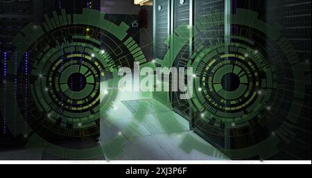 Image of two green round scanner spinning against computer server room ...