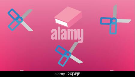 Image of multiple books and scissors icons against copy space on pink ...
