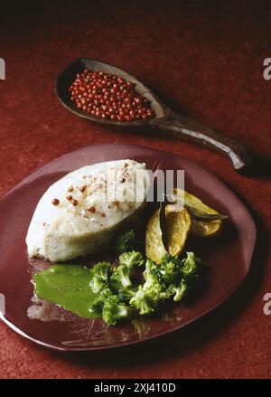 Cod tournedos with watercress coulis,broccoli and patatoes Stock Photo ...