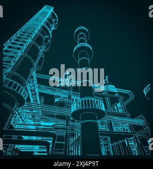 Stylized vector illustrations of a factory buildings, pipes and tanks ...